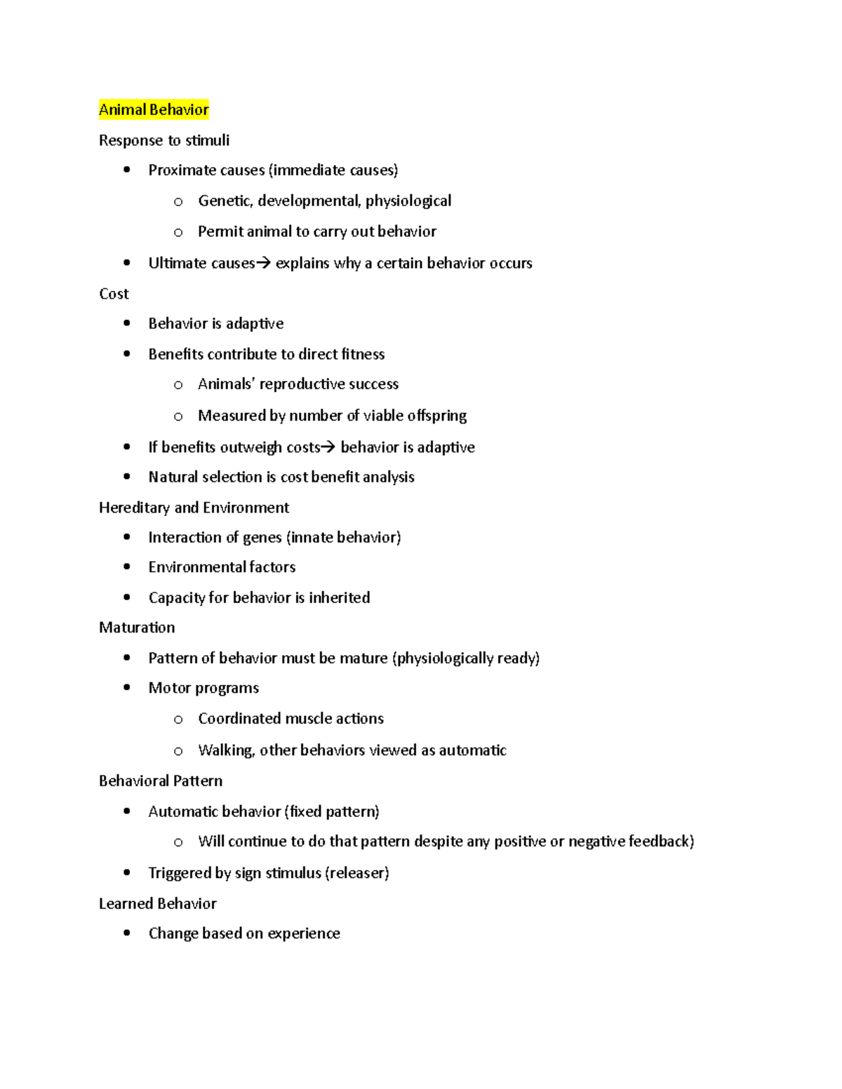 BIO Final Notes - Animal Behavior Response to stimuli Proximate causes ...