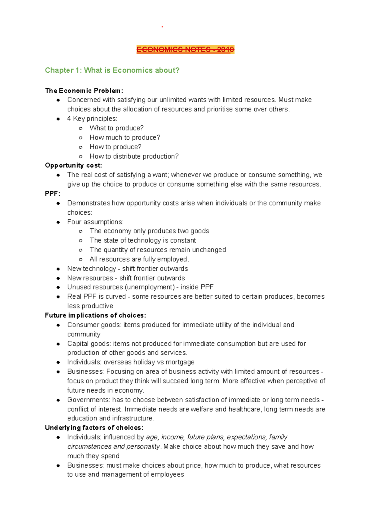 Economic Notes First Semester - ECONOMICS NOTES 2018 Chapter 1: What is ...