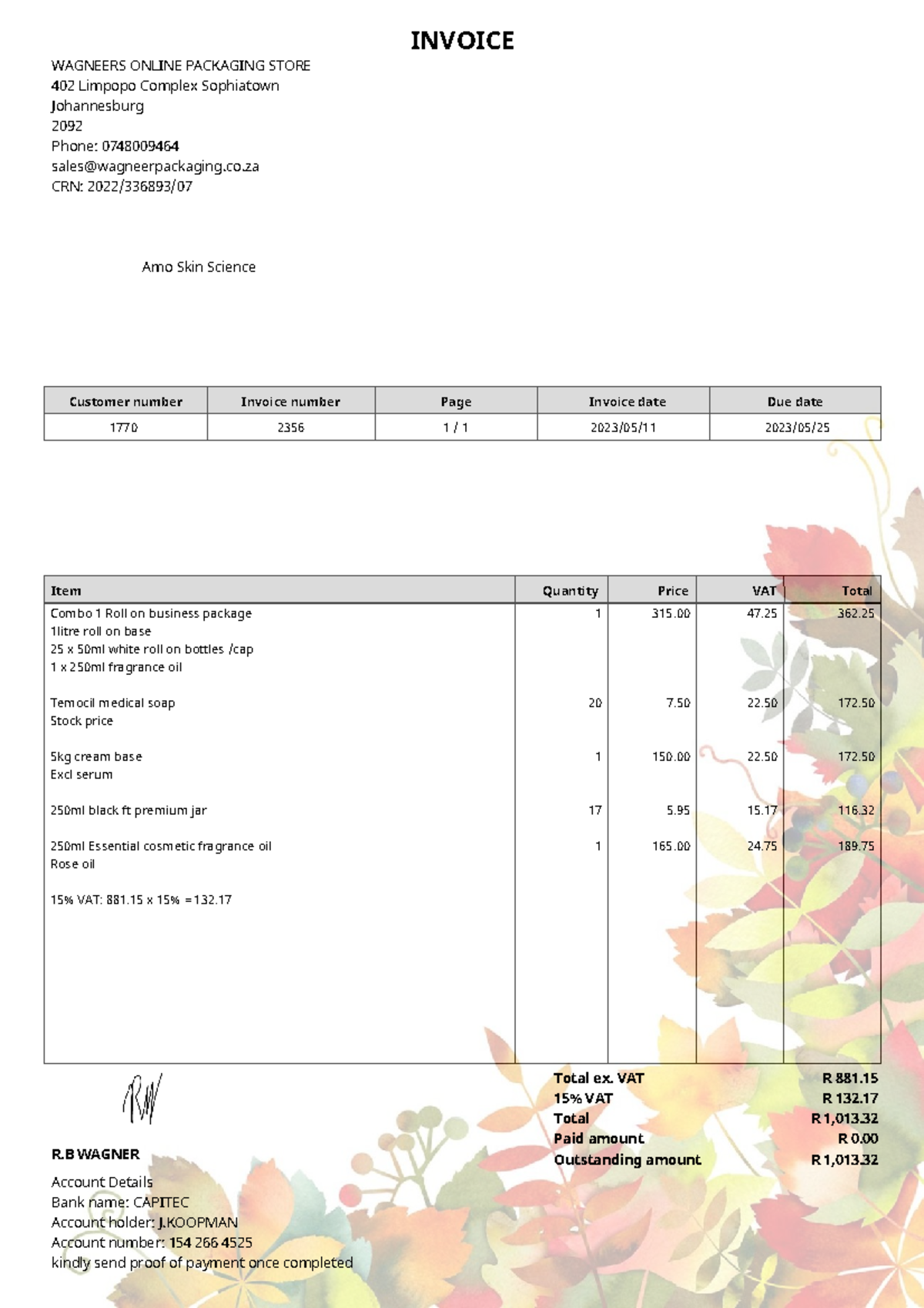 Invoice-2356 - Account Details Bank name: CAPITEC Account holder: J ...