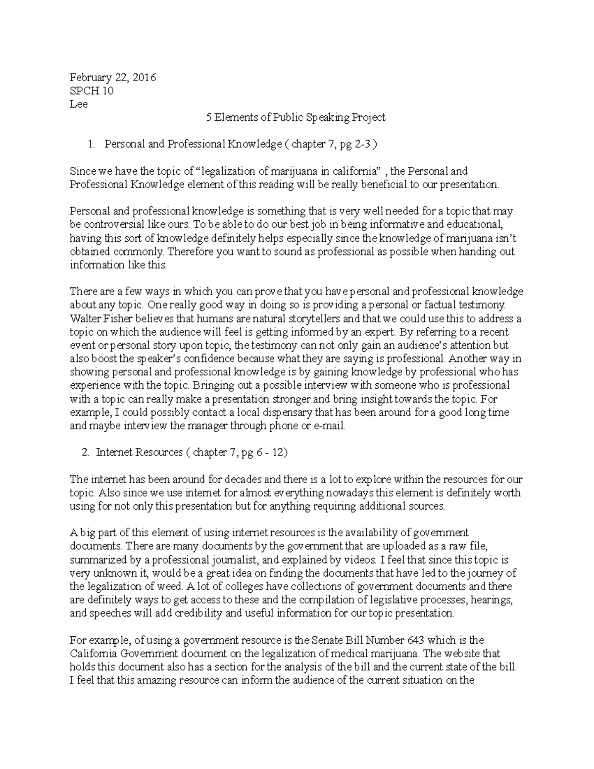 5 Elements Paper - February 22, 2016 SPCH 10 Lee 5 Elements of Public ...
