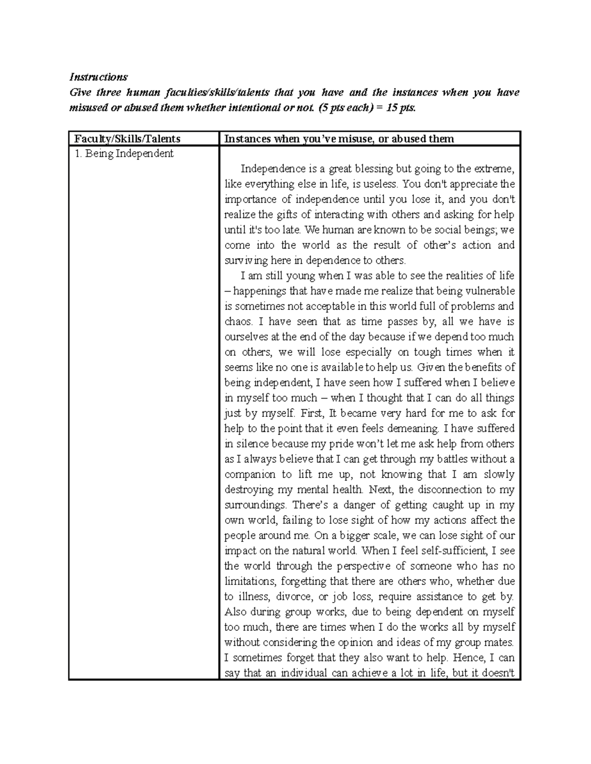 CFED Assessment 2 - None - Instructions Give three human faculties ...