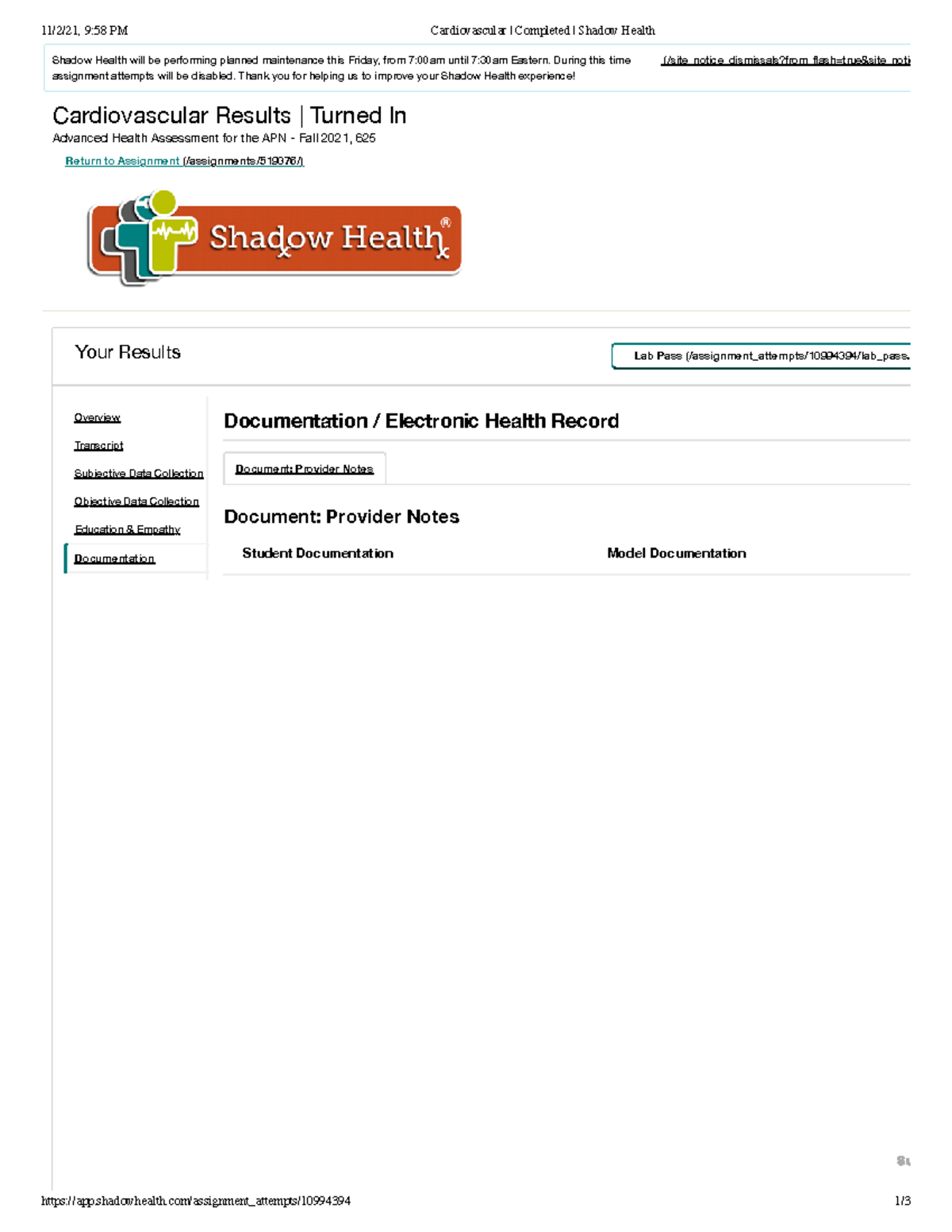 Cardiovascular Documentation Shadow Health - 11/2/21, 9:58 PM ...