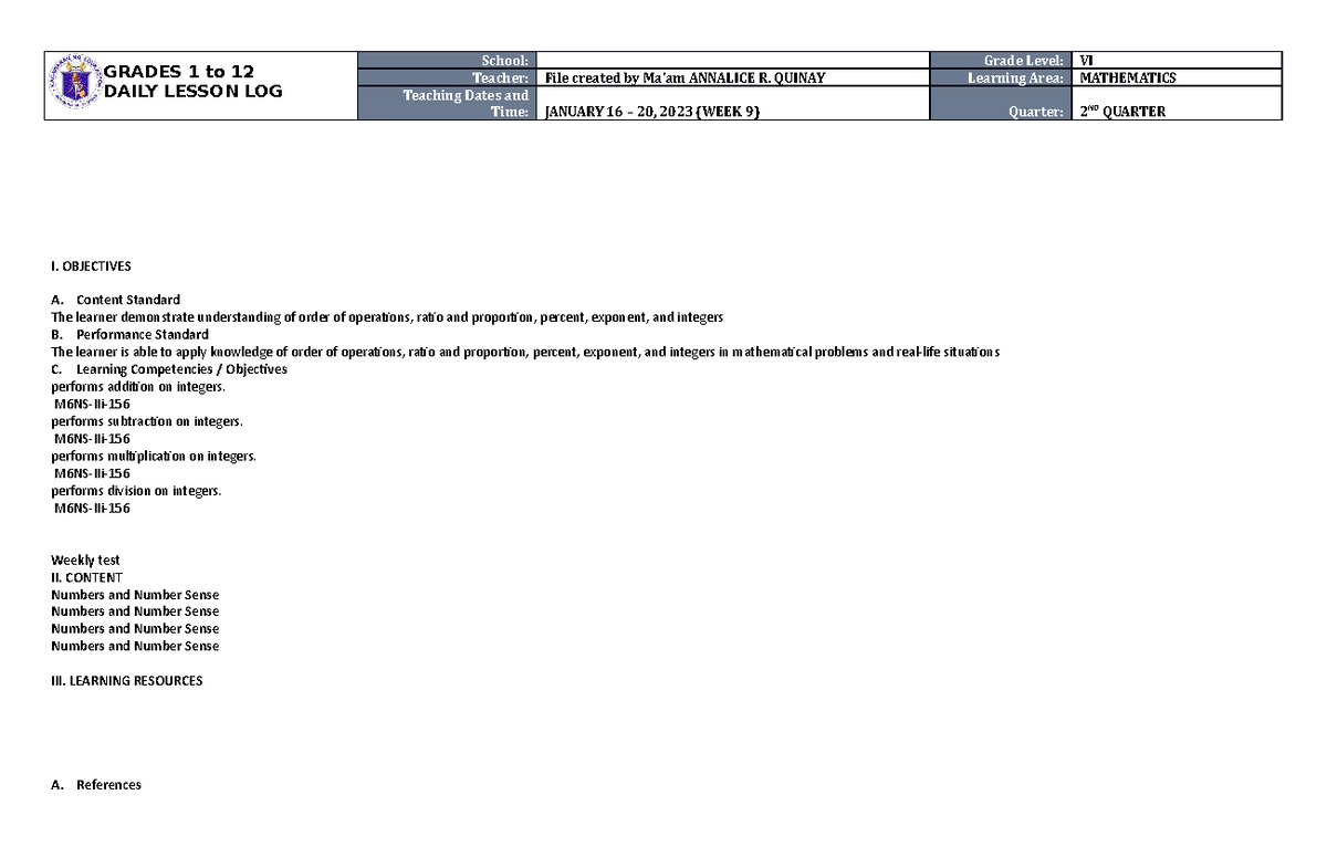 DLL Mathematics 6 Q2 W9 - GRADES 1 to 12 DAILY LESSON LOG School: Grade ...