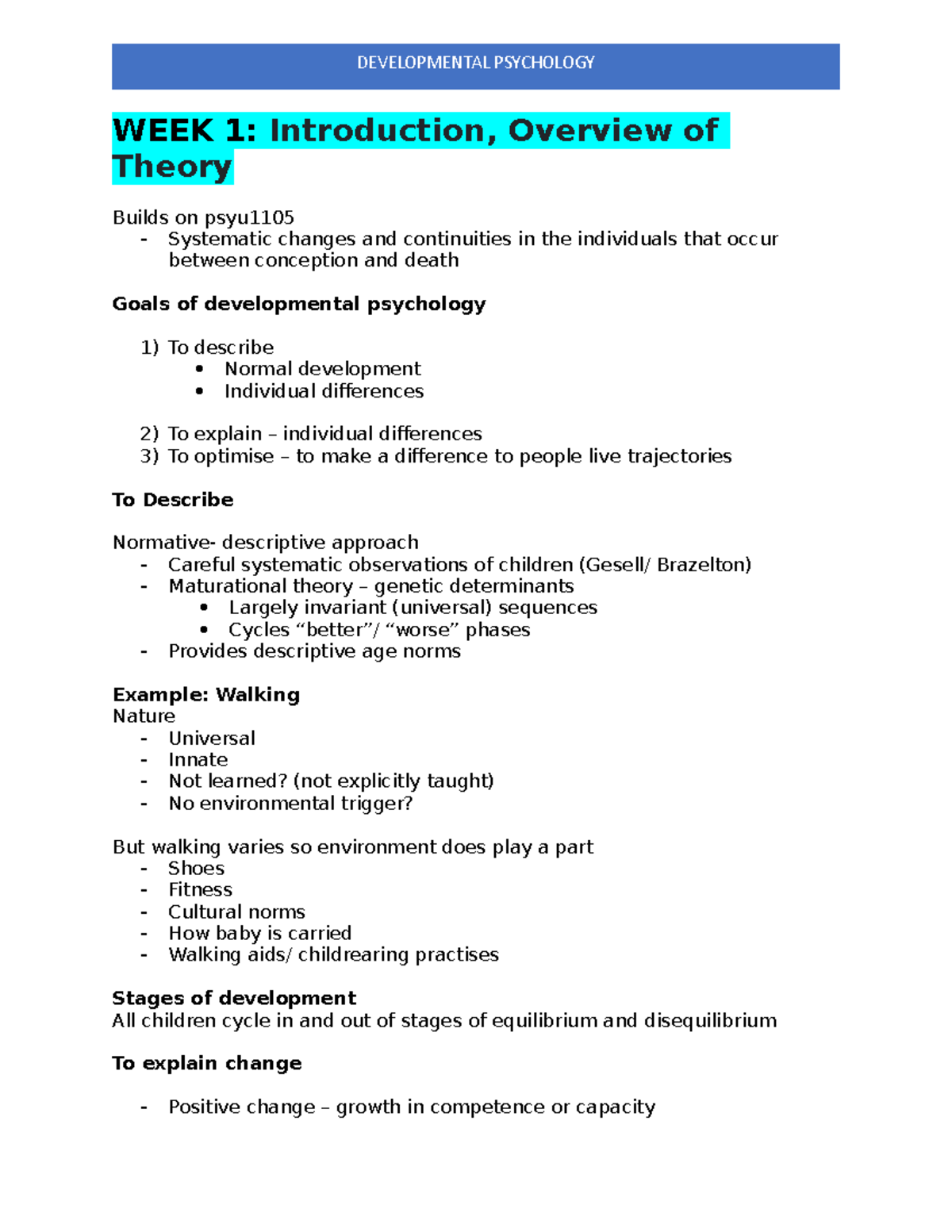Developmental Psychology - WEEK 1: Introduction, Overview of Theory ...