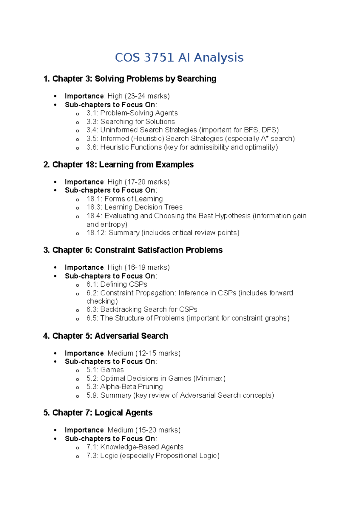 COS 3751 AI Analysis - Summary of what topics are important for the ...