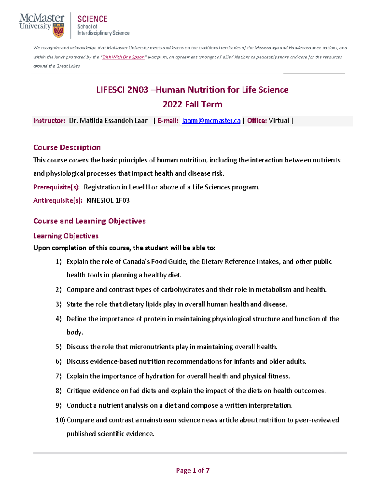 Lifesci-2N03 - Course Outline - We recognize and acknowledge that ...