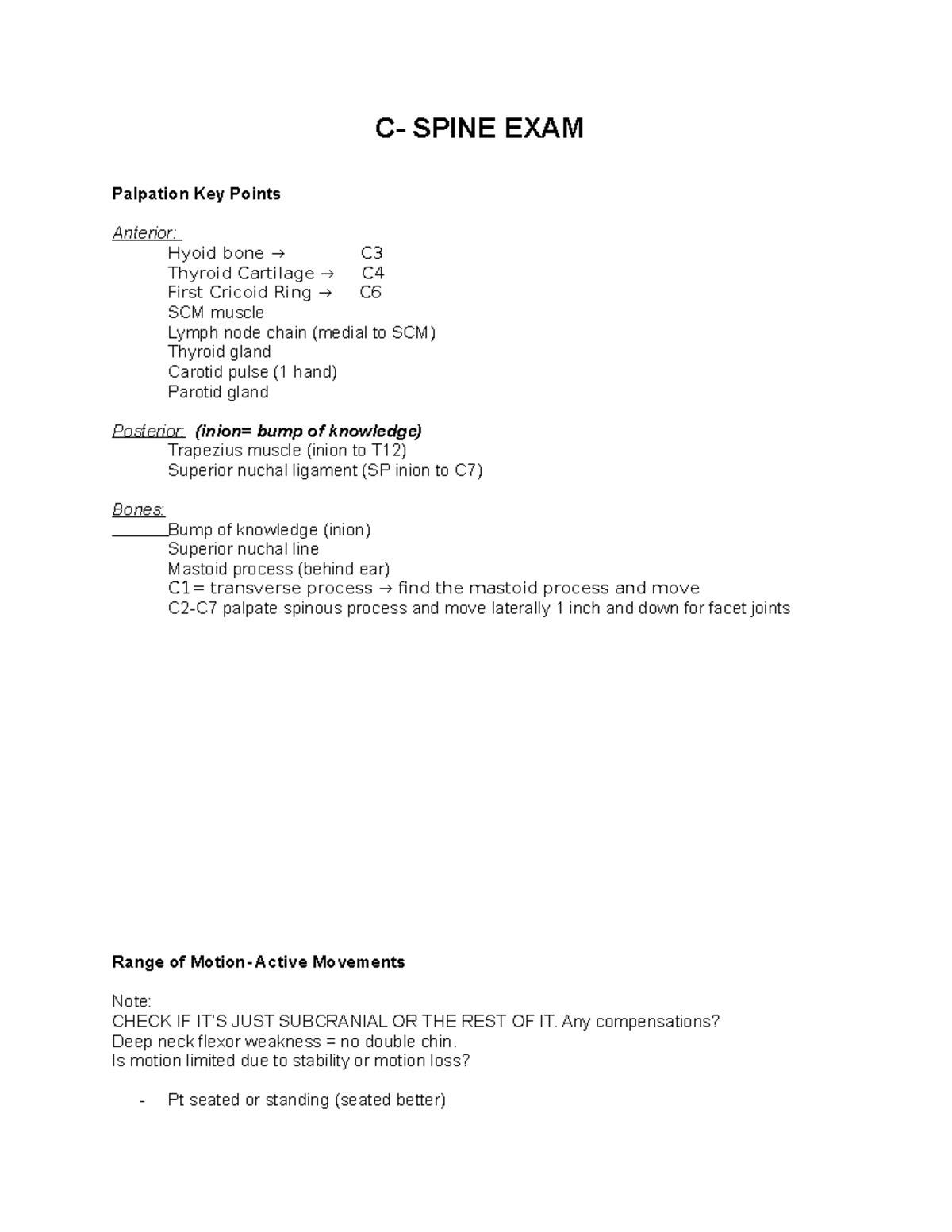 Exam C-Spine study guide - C- SPINE EXAM Palpation Key Points Anterior ...
