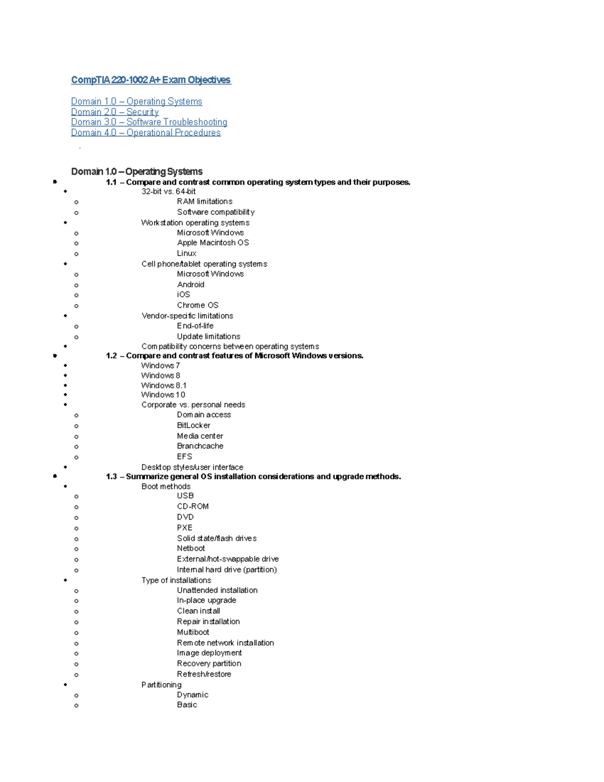 Comp TIA 220 Objectives - CompTIA 220-1002 A+ Exam Objectives Domain 1 ...
