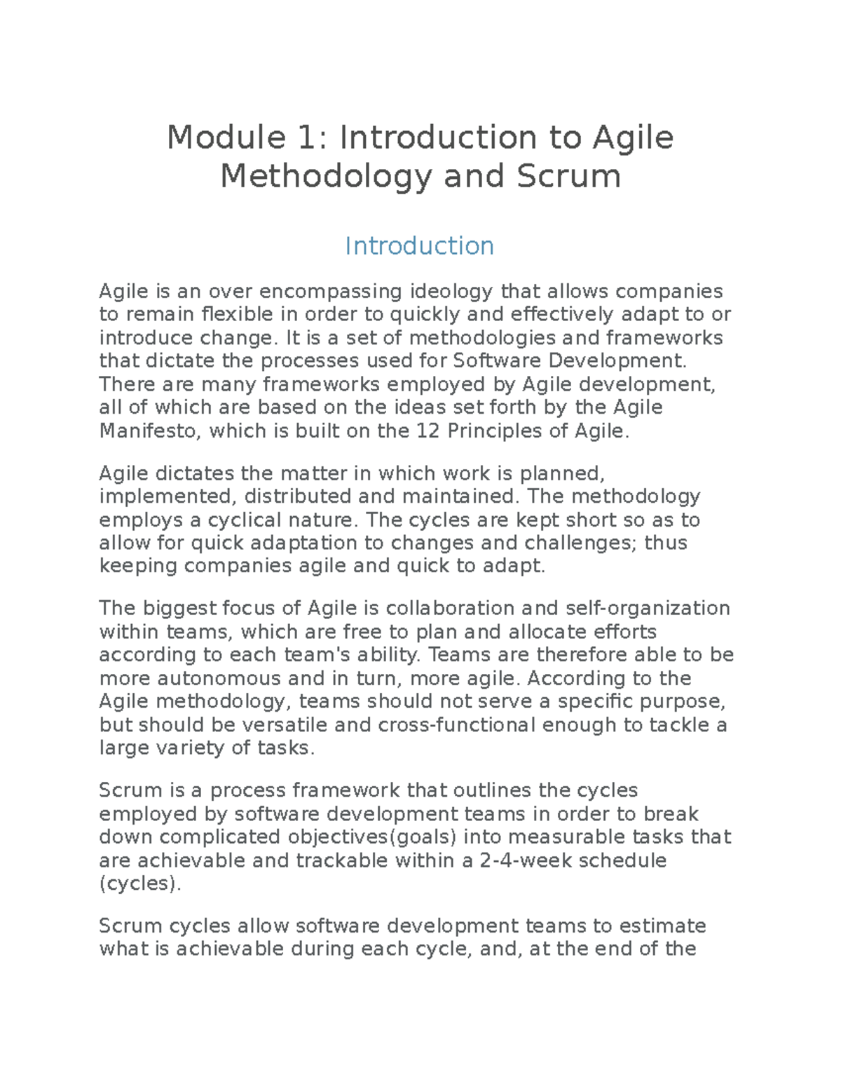 Module 1: Introduction to Agile Methodology and Scrum - Module 1 ...