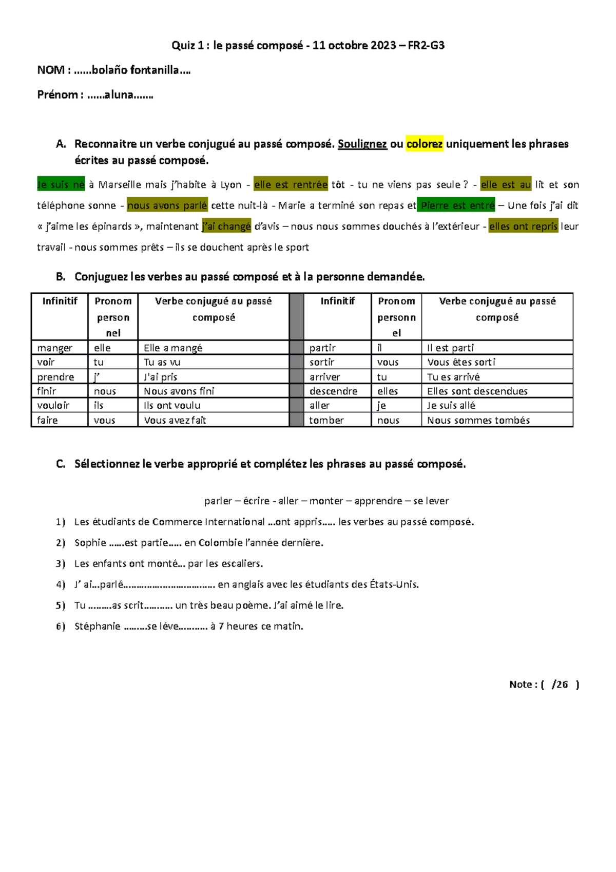 Quiz 1 - le passé composé - Quiz 1 : le passé composé - 11 octobre 2023 ...