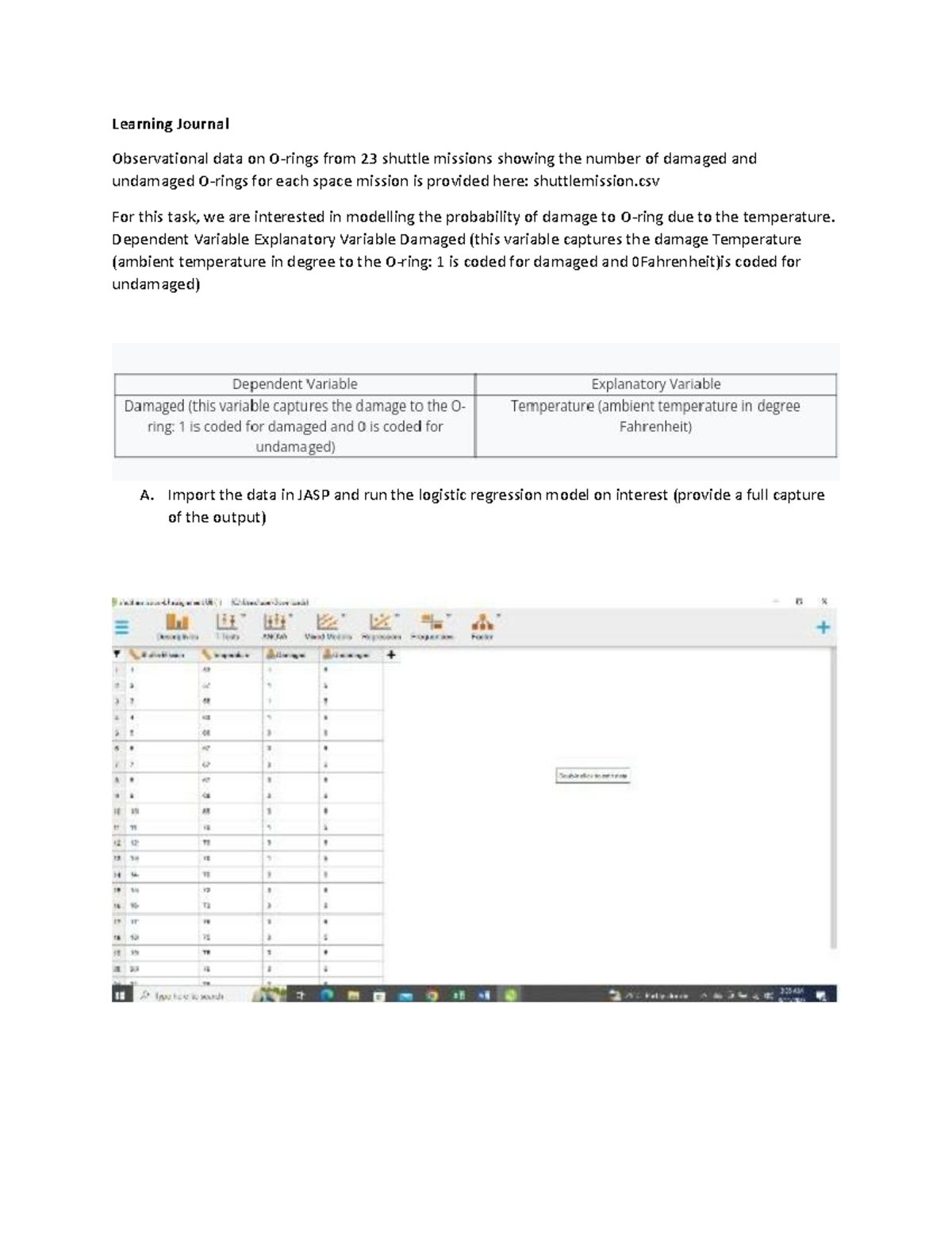 Math 1281 learning Journal Unit 8 - Learning Journal Observational data on O-rings from 23 ...