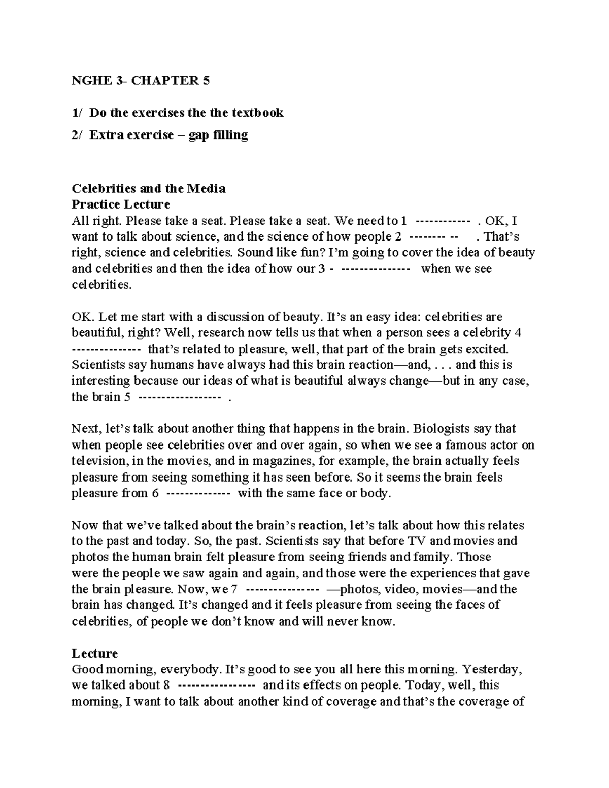 NGHE 3- Chapter 5-GAP - Tài liệu - NGHE 3- CHAPTER 5 Ch 1/ Do the ...