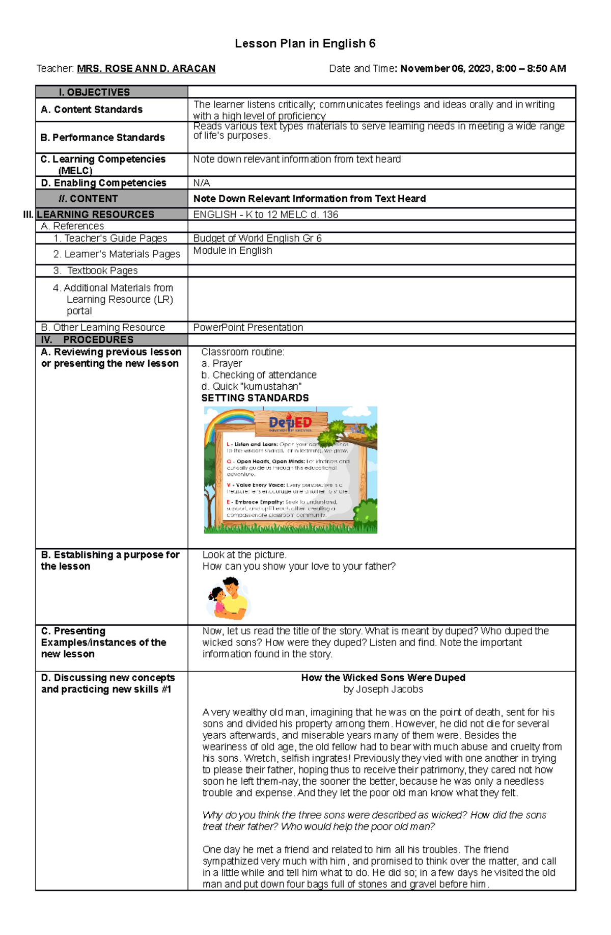 WEEK 1 English (Noting Details) - Lesson Plan in English 6 Teacher: MRS ...