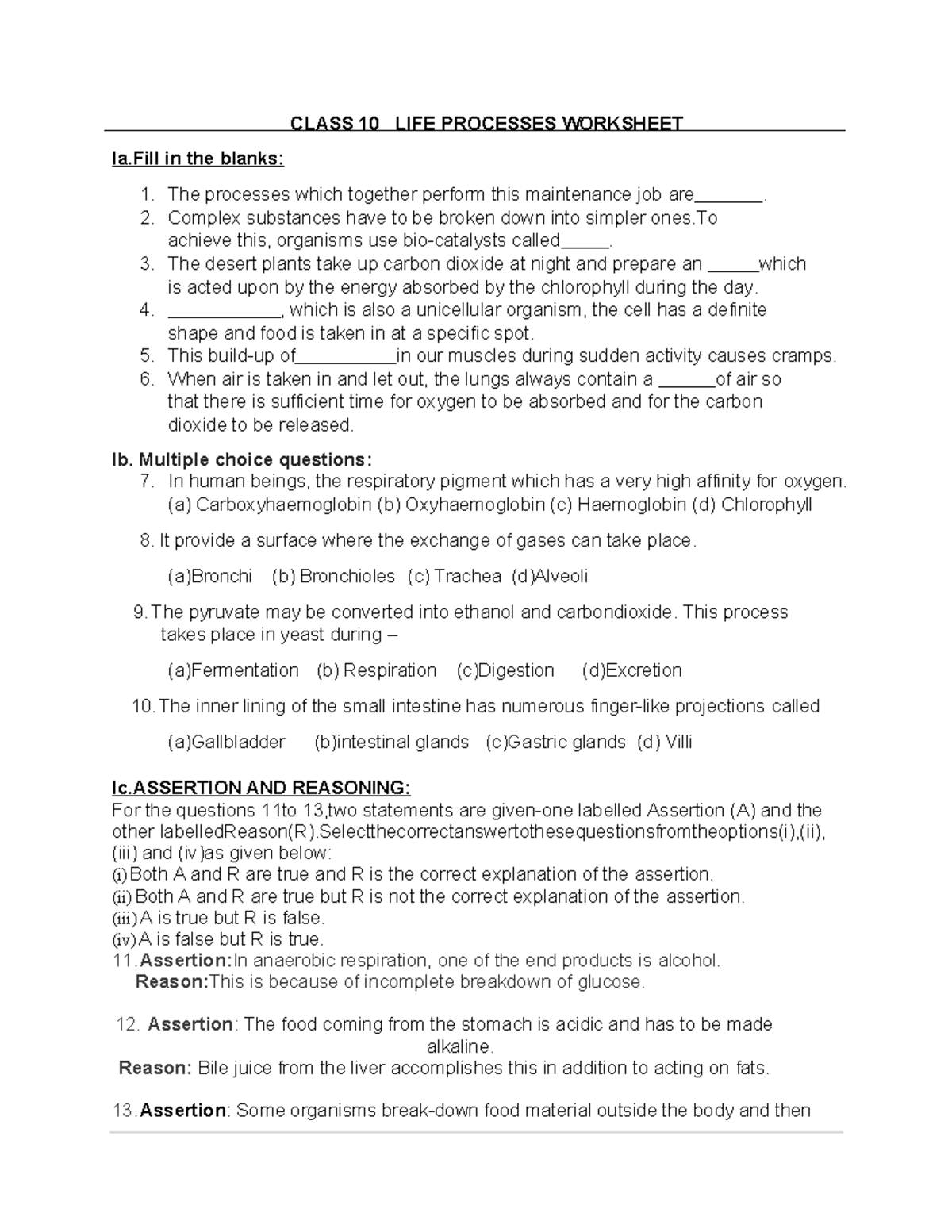 Class 10 LIFE Processes Worksheet 3 - CLASS 10 LIFE PROCESSES WORKSHEET ...