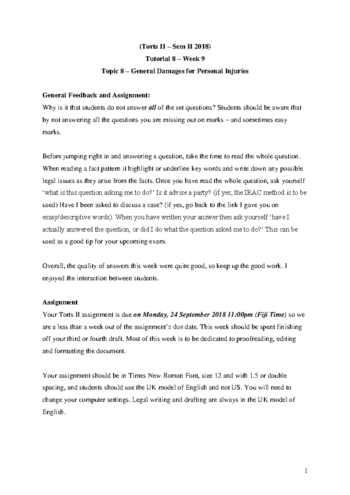 Torts II - Tute 8 (week 9) General Daqmages for PI - (Torts II – Sem II ...