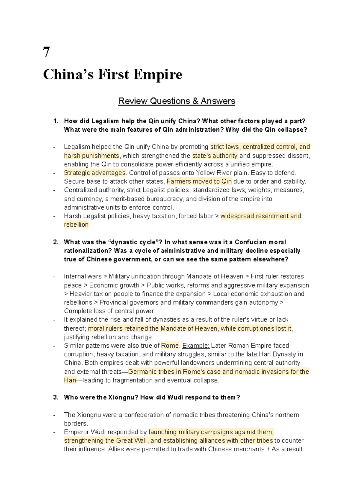 Hist105 China Q&A - Summary The Heritage of World Civilizations - 7 ...