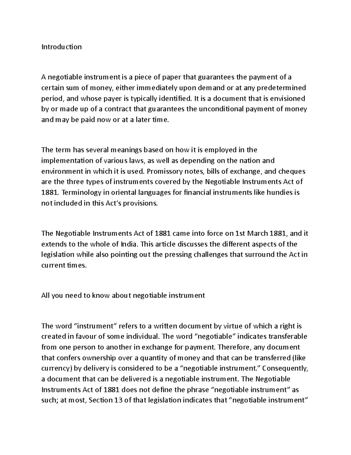 Negotiable instruments act - Introduction A negotiable instrument is a ...