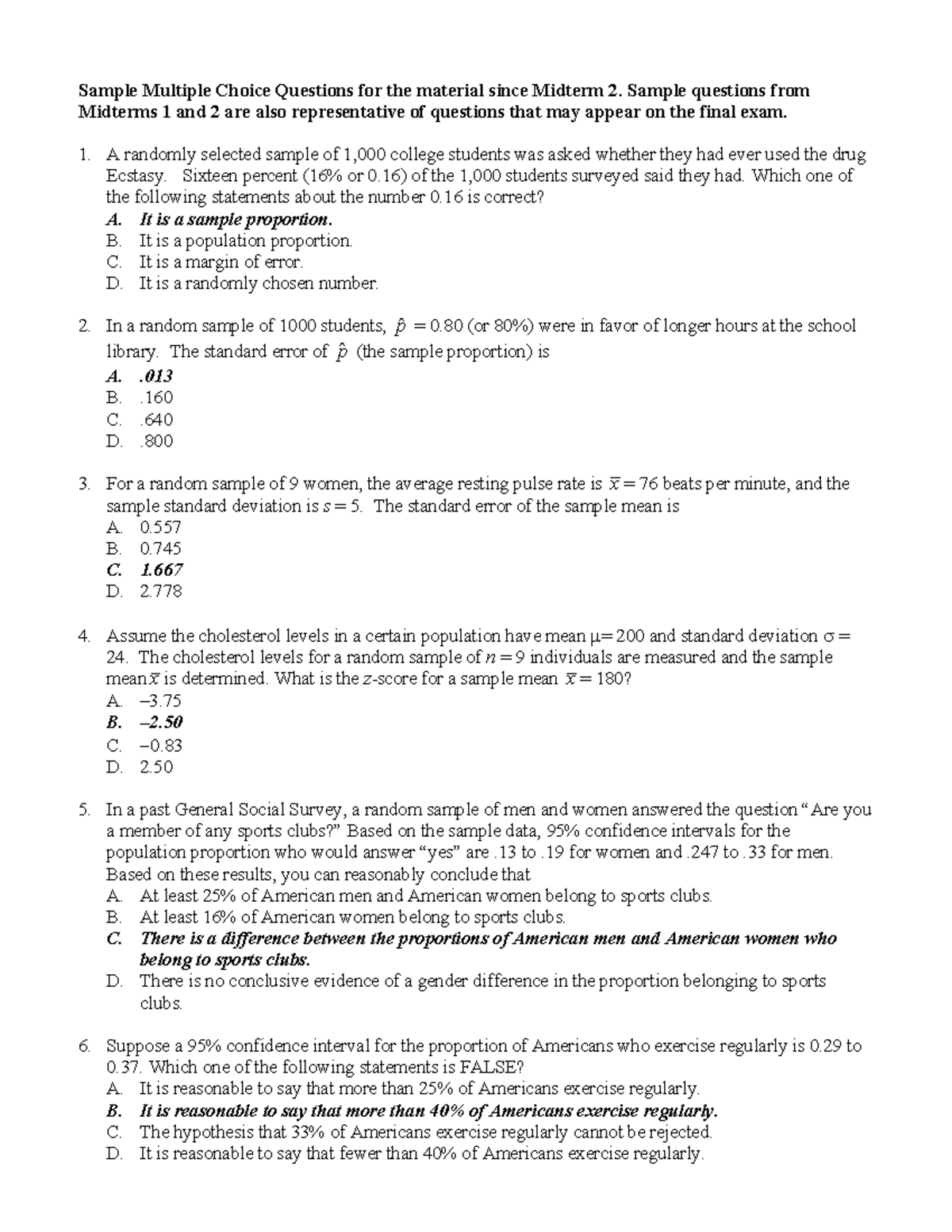 Sample Final MCKey Multiple Choice Questions Sample Multiple Choice 