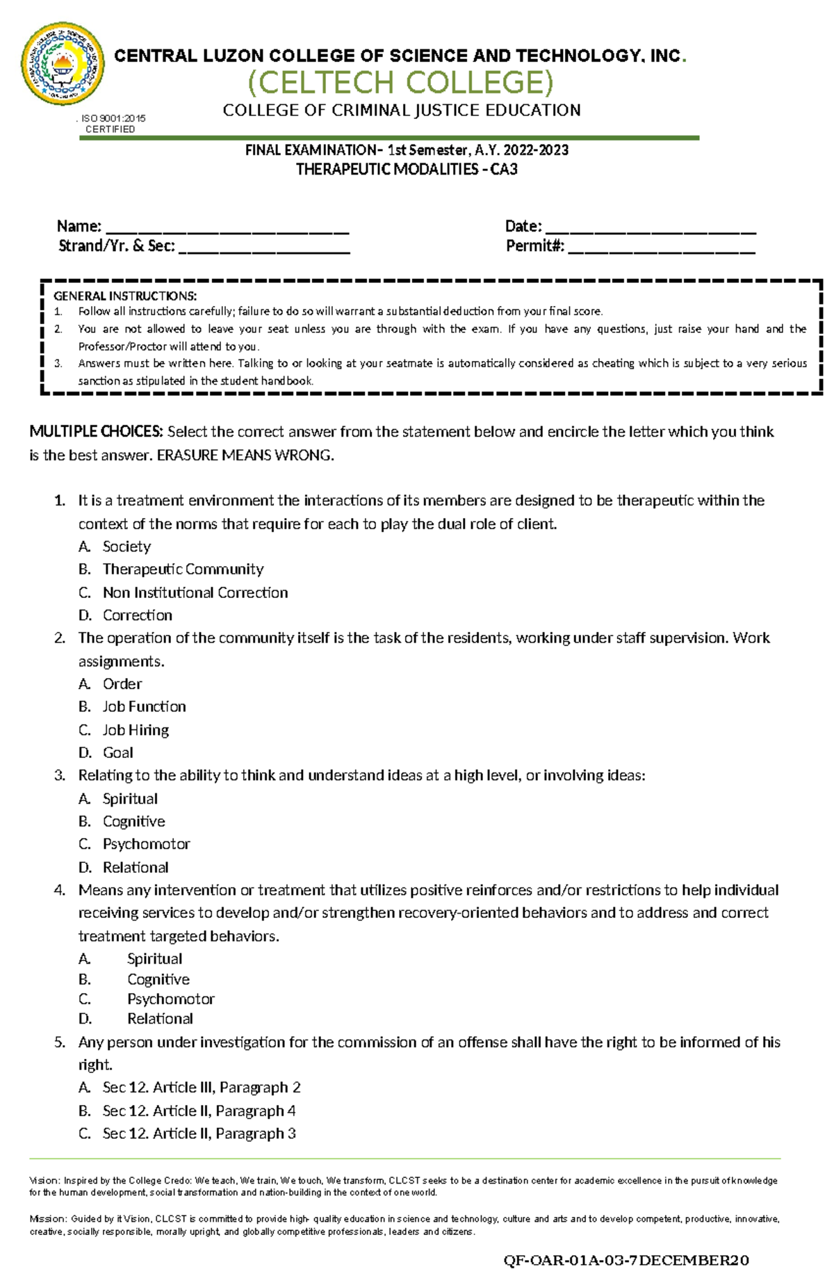 CA3- Final-EXAM - nice - (CELTECH COLLEGE) . ISO 9001:2015 COLLEGE OF ...