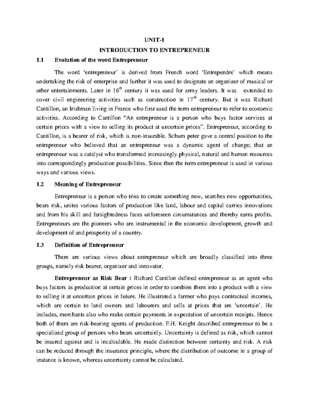 Unit 1 - UNIT- 1 INTRODUCTION TO ENTREPRENEUR 1 Evolution of the word ...