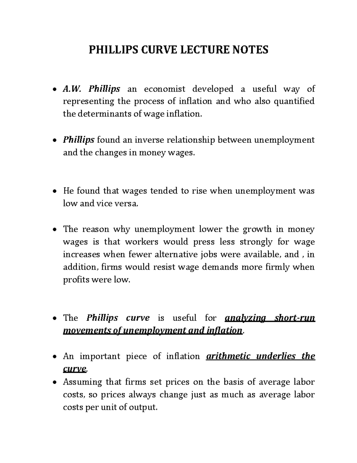 Phillips Curve Lecture Notes - PHILLIPS CURVE LECTURE NOTES A. Phillips ...