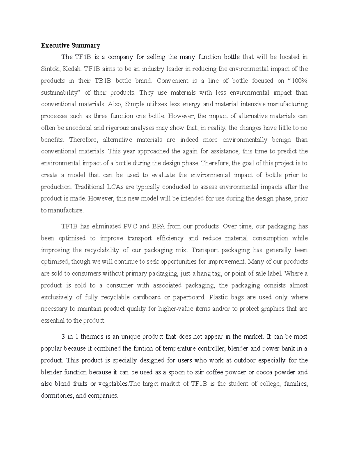 Executive Summary - Executive Summary The TF1B is a company for selling ...