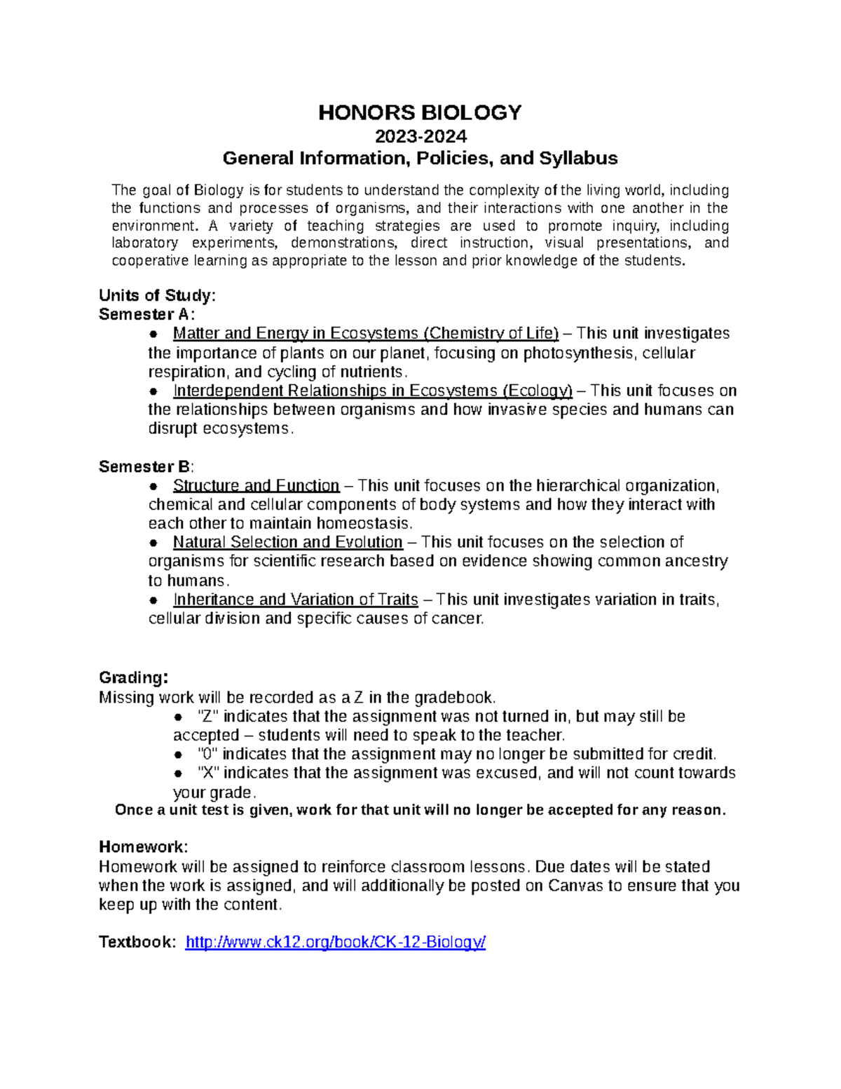 Honors Biology Syllabus 2023-24 - Google Docs - HONORS BIOLOGY 2023 ...