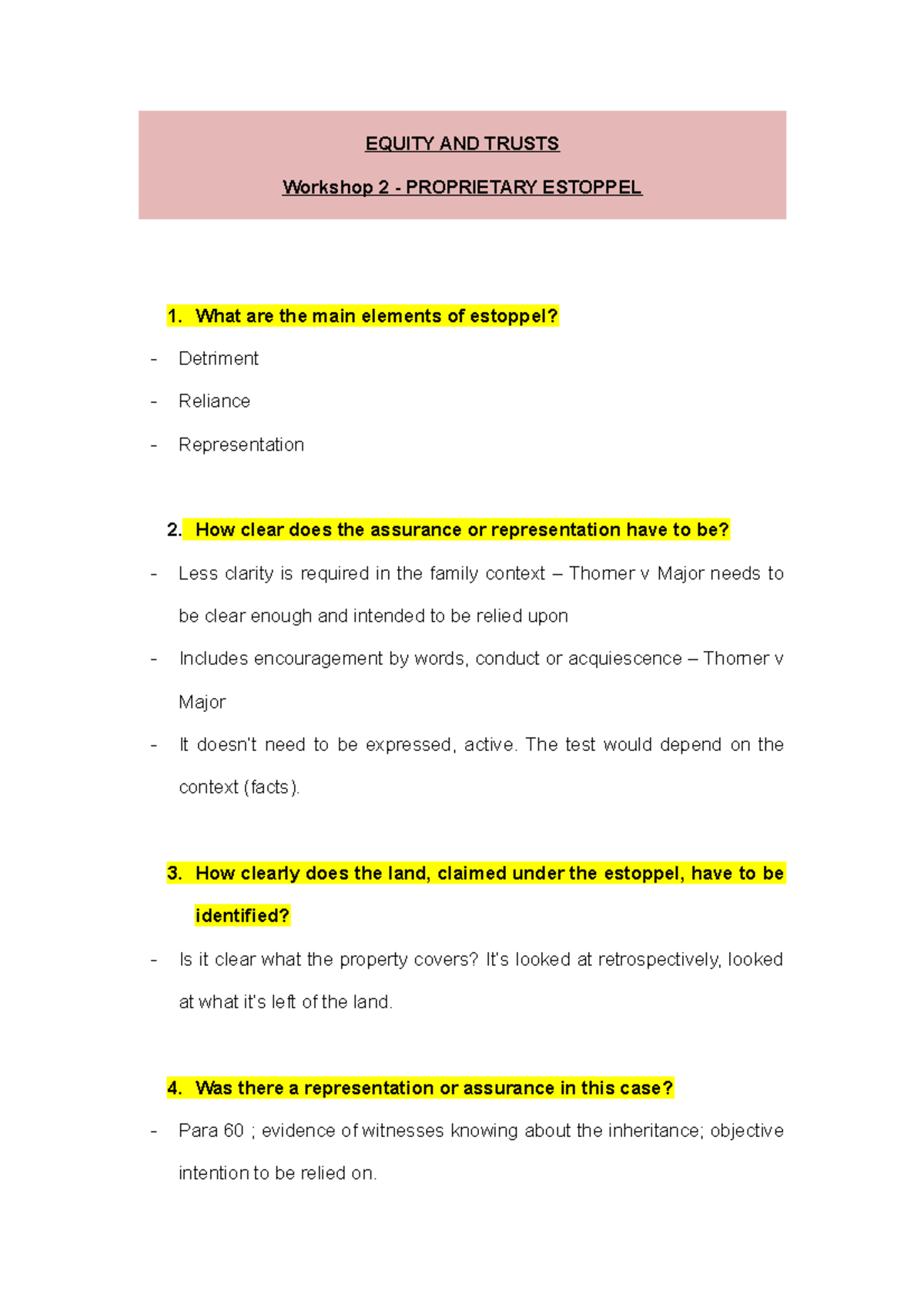 Workshop 3 Proprietary Estoppel - equity and trusts - EQUITY AND TRUSTS ...