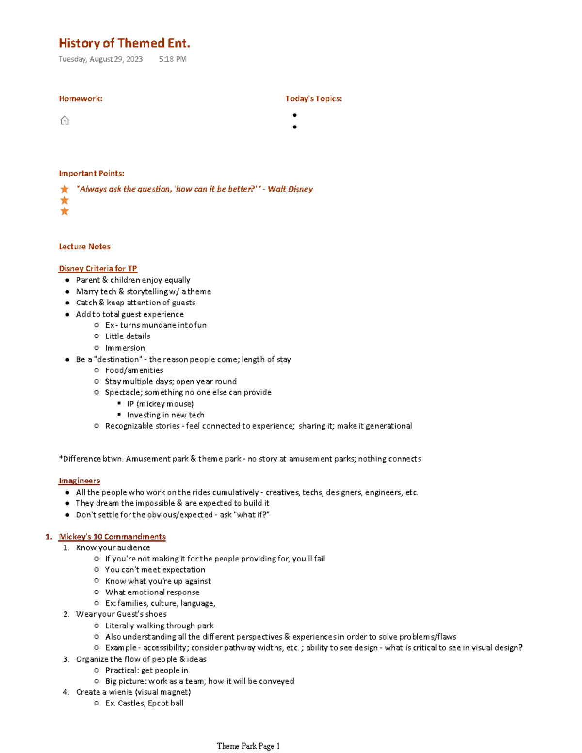 History of Themed Entertainment - Lecture Notes Disney Criteria for TP ...