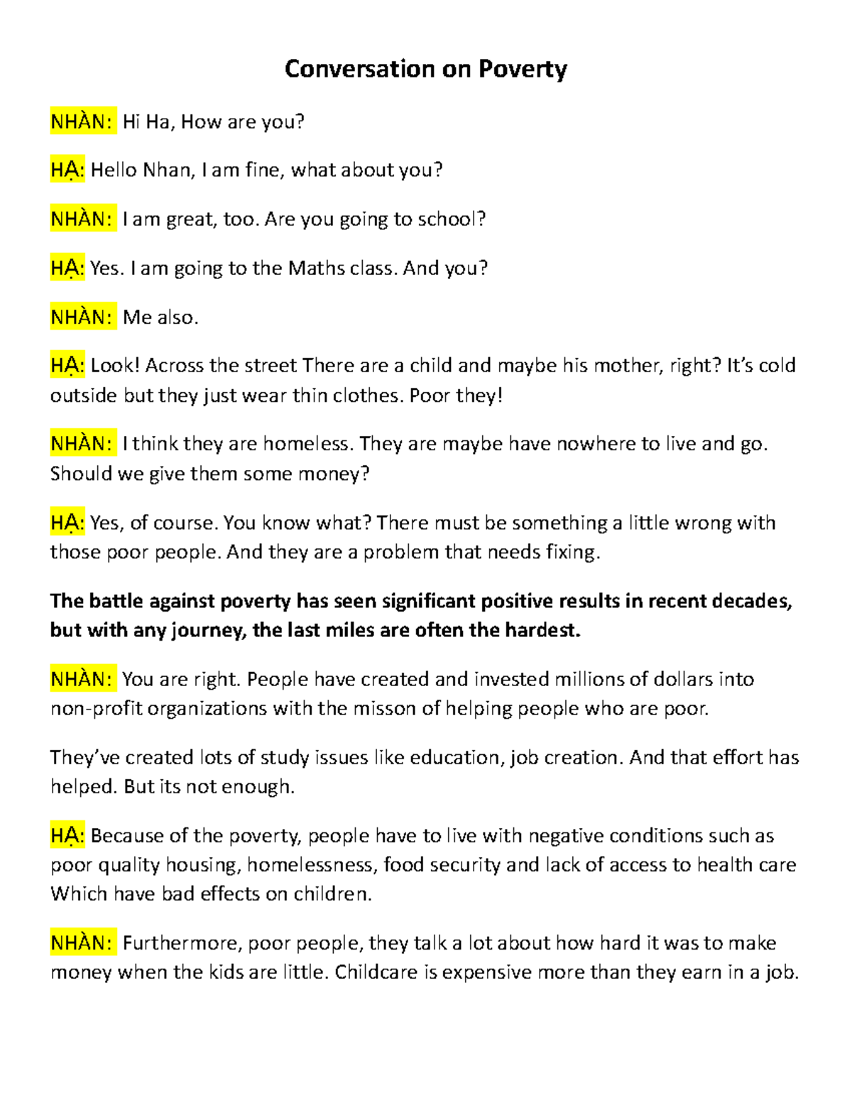 Conversation on Poverty - Conversation on Poverty NHÀN: Hi Ha, How are ...