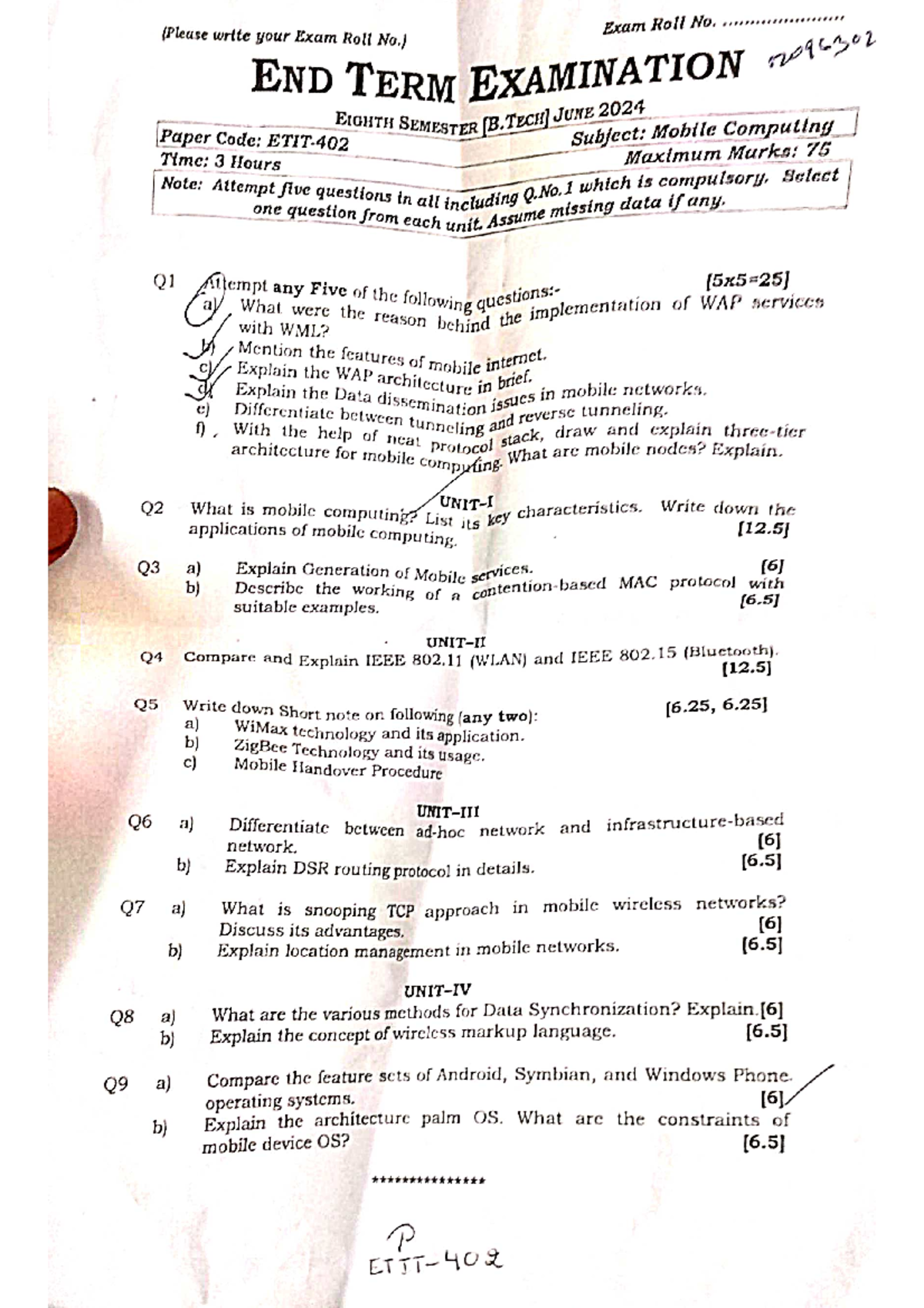 Mobile computing questions paper - (Please write your Exam Roll No.) Exam Roll No. END TERM ...