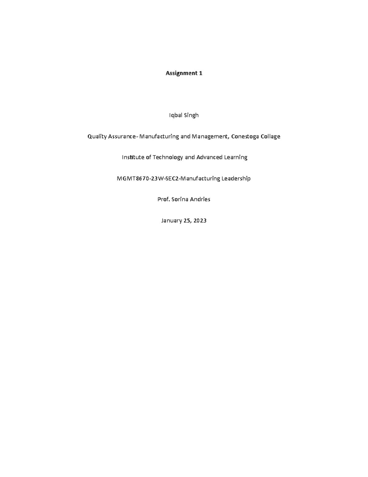 Assignment 1 Management - Assignment 1 Iqbal Singh Quality Assurance ...