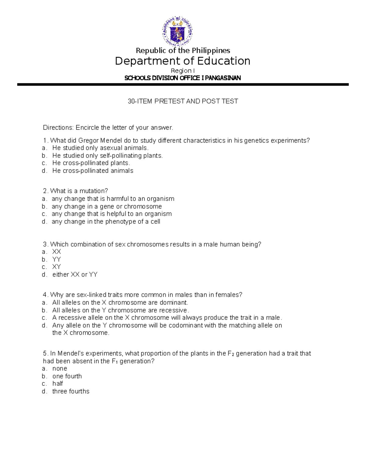 Pretest- Biology - Department of Education Region I SCHOOLS DIVISION ...