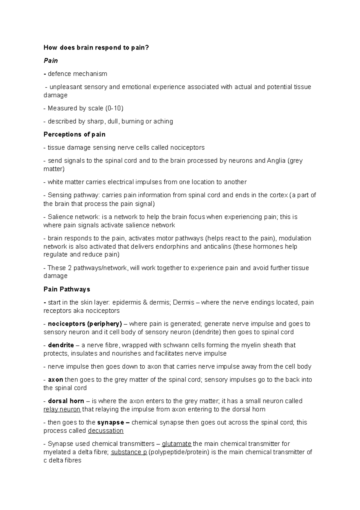 PAIN Notes - Pain - How does brain respond to pain? Pain - defence ...