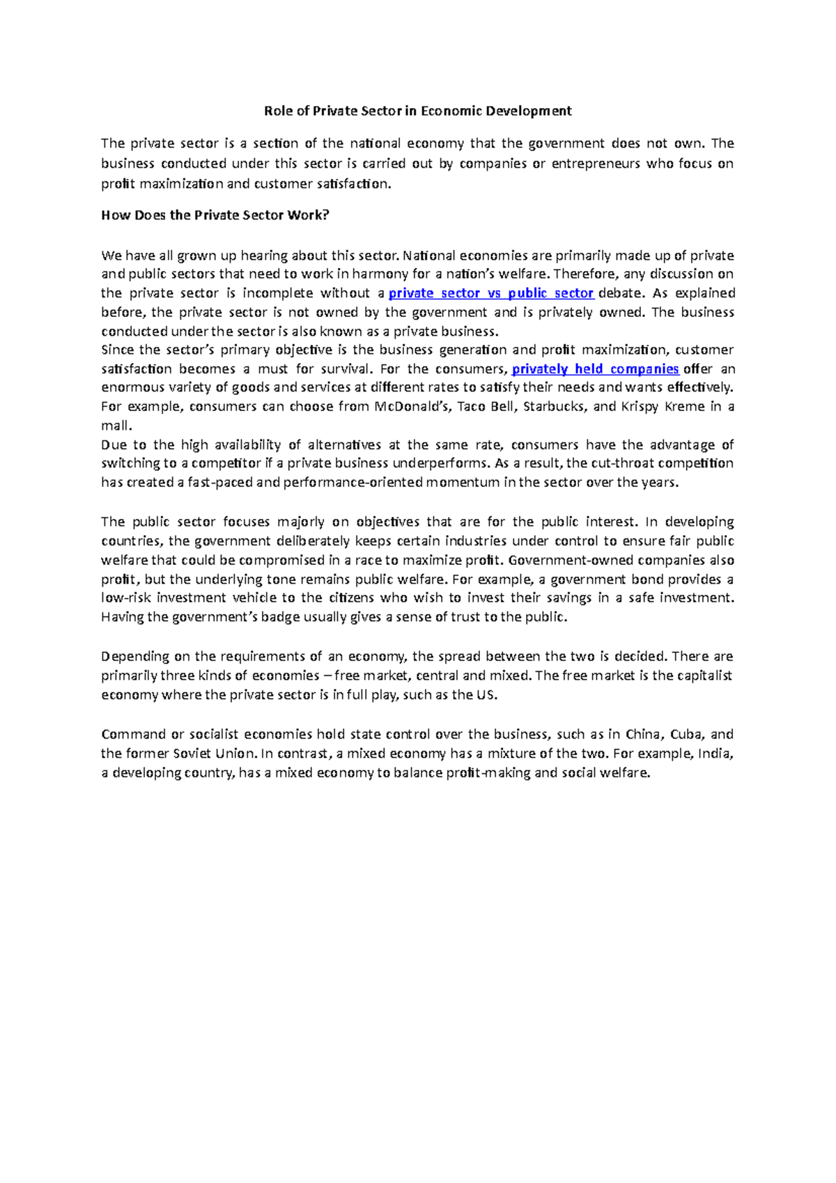 Role of Private Sector in Economic Development - The business conducted ...