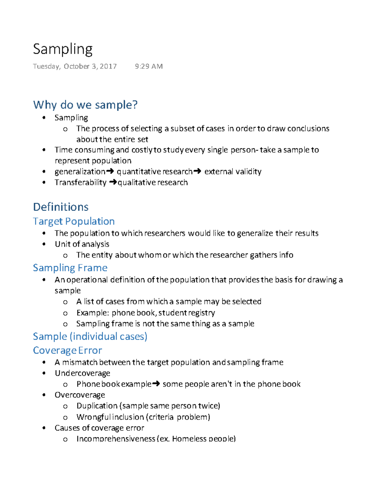 Soc 2206 Lecture 5- Sampling - Sampling Tuesday, October 3, 2017 9:29 ...