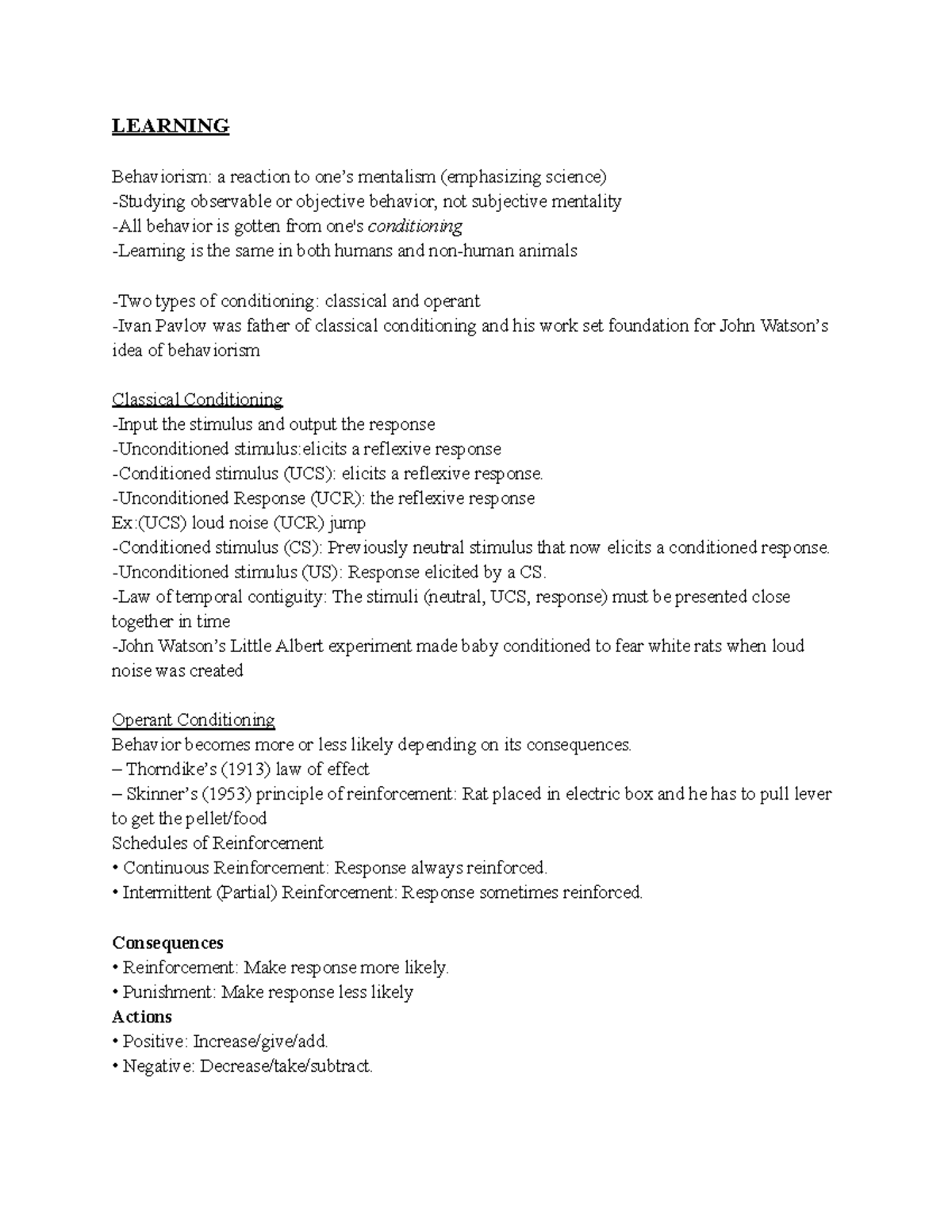 Learning Psychology Notes - LEARNING Behaviorism: a reaction to one’s ...