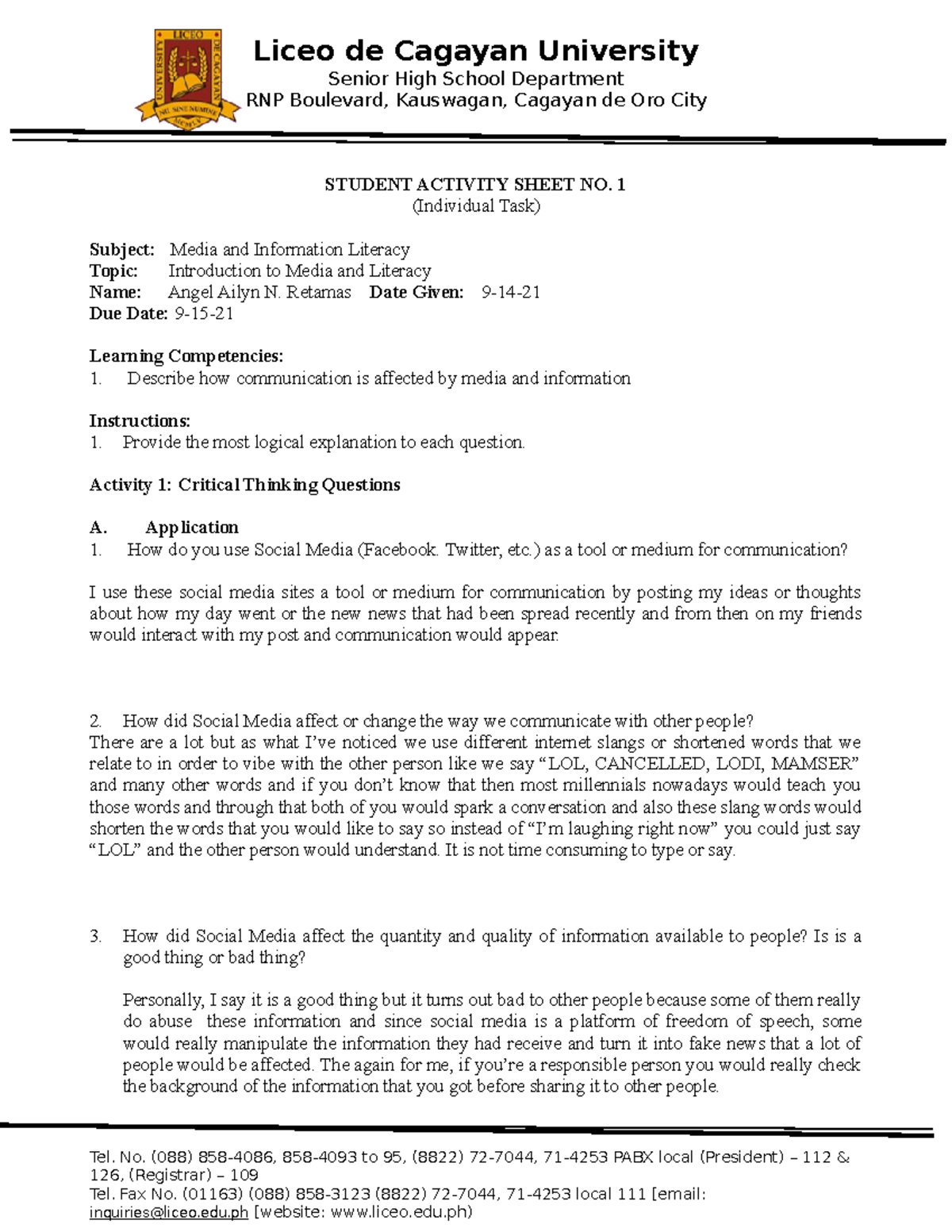 MIL - Student Activity Sheet 1 - Liceo de Cagayan University Senior ...