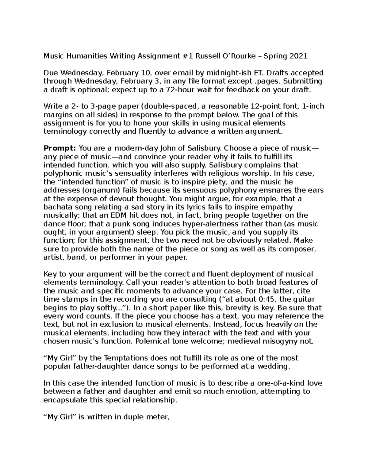 Music Humanities Writing Assignment #1 - Drafts accepted through ...