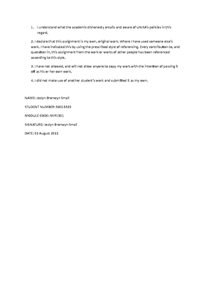 Assignment 2 - MIP1501/102/0/ ASSIGNMENT 02 UNIQUE NUMBER – 543210 ...