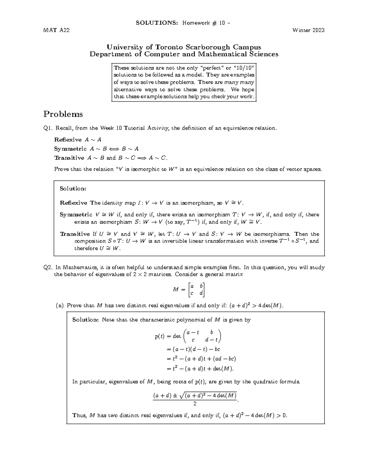 Mat a22 winter 2023 homework-18 - MAT A SOLUTIONS: Homework # 10 – Winter 2023 University of ...