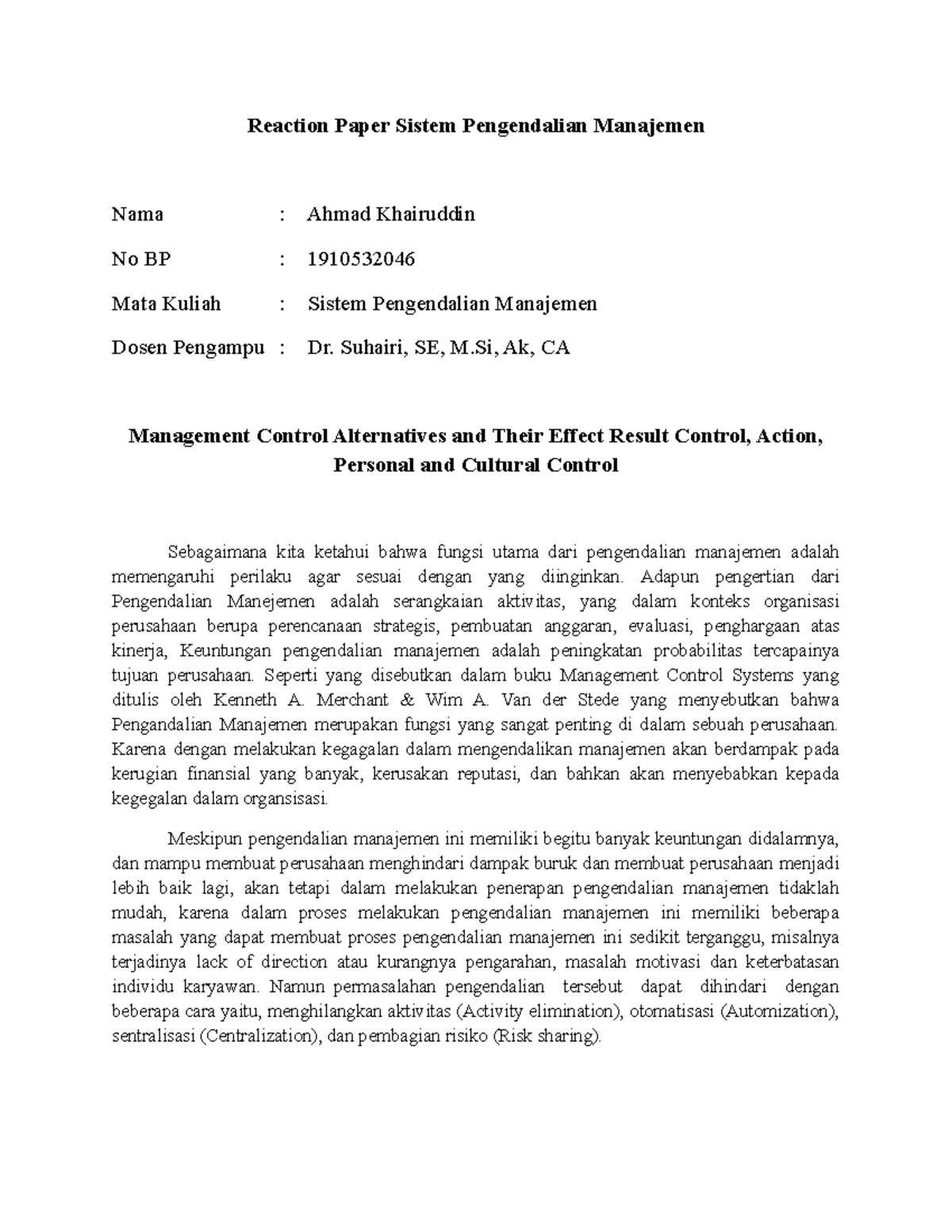Reaction Paper Management Control Alternatif - Reaction Paper Sistem ...