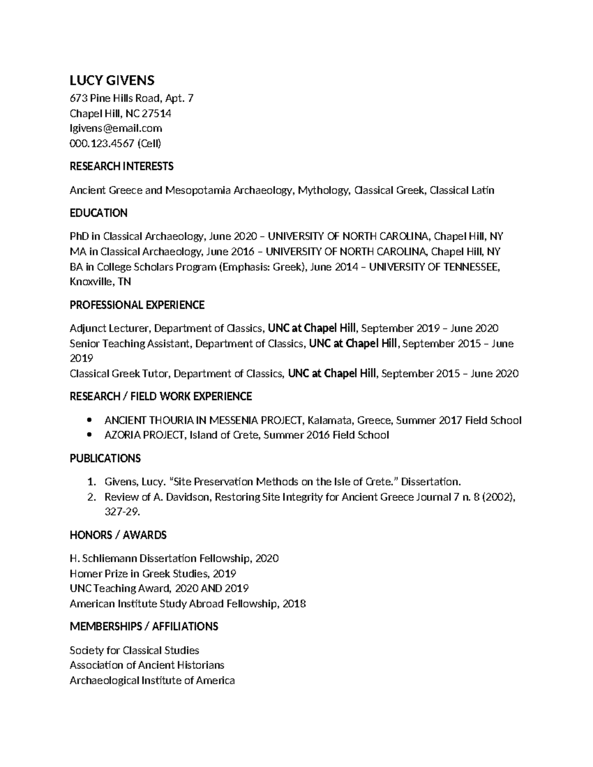 Resume examplek - LUCY GIVENS 673 Pine Hills Road, Apt. 7 Chapel Hill ...