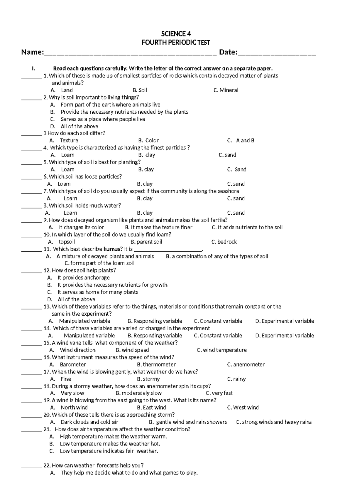 PT Science 4 - Q4 V2 - SCIENCE 4 FOURTH PERIODIC TEST - Studocu