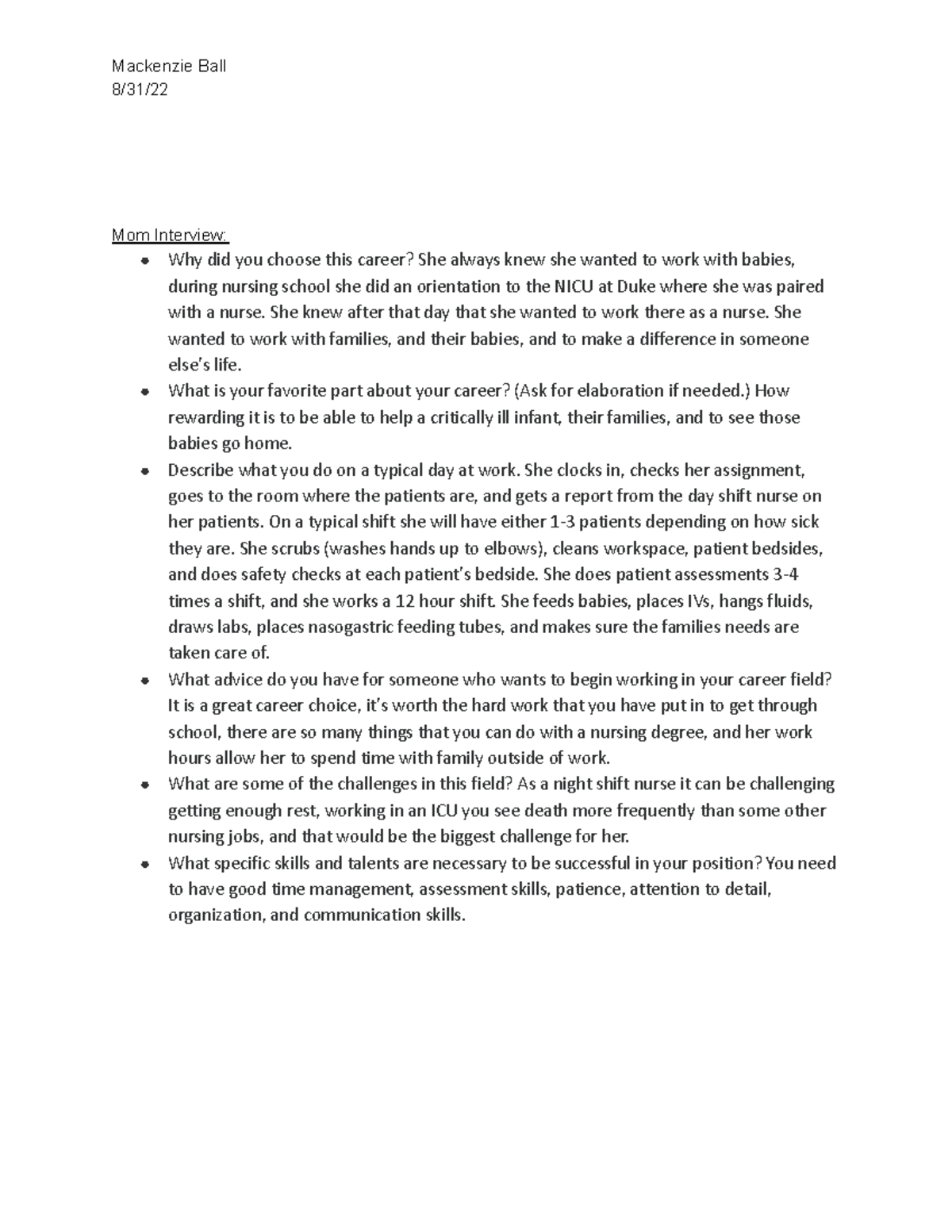 Mackenzie Ball ACA Interview Questions - Mackenzie Ball 8/31/ Mom ...