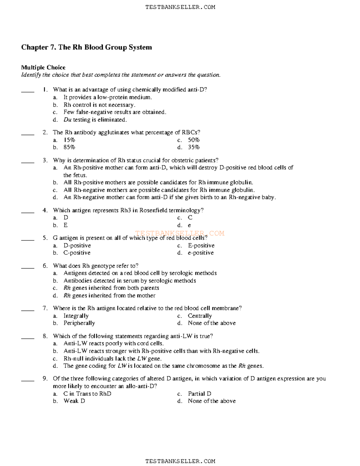 Ch07 - Blood bank test - T E S T B A N K S E L L E R. C O M Chapter 7 ...