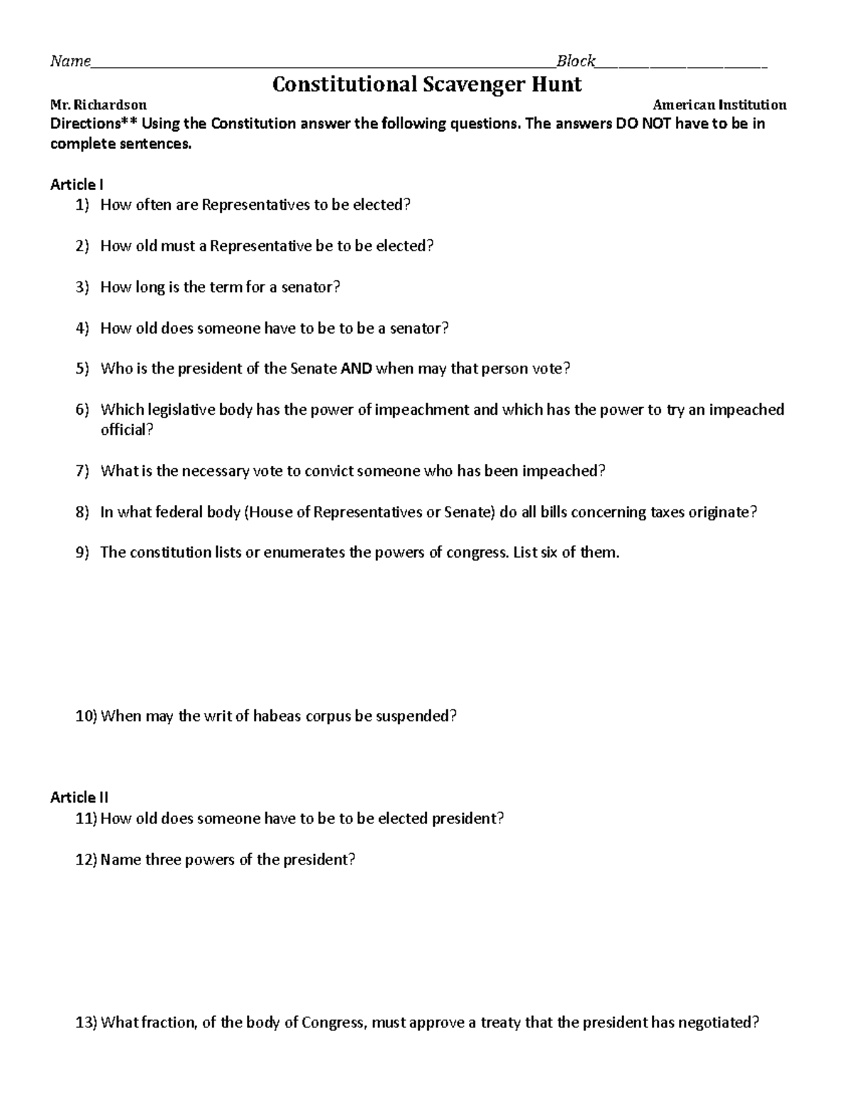 Constitutional Scavanger Hunt (2022) - Name Block ...