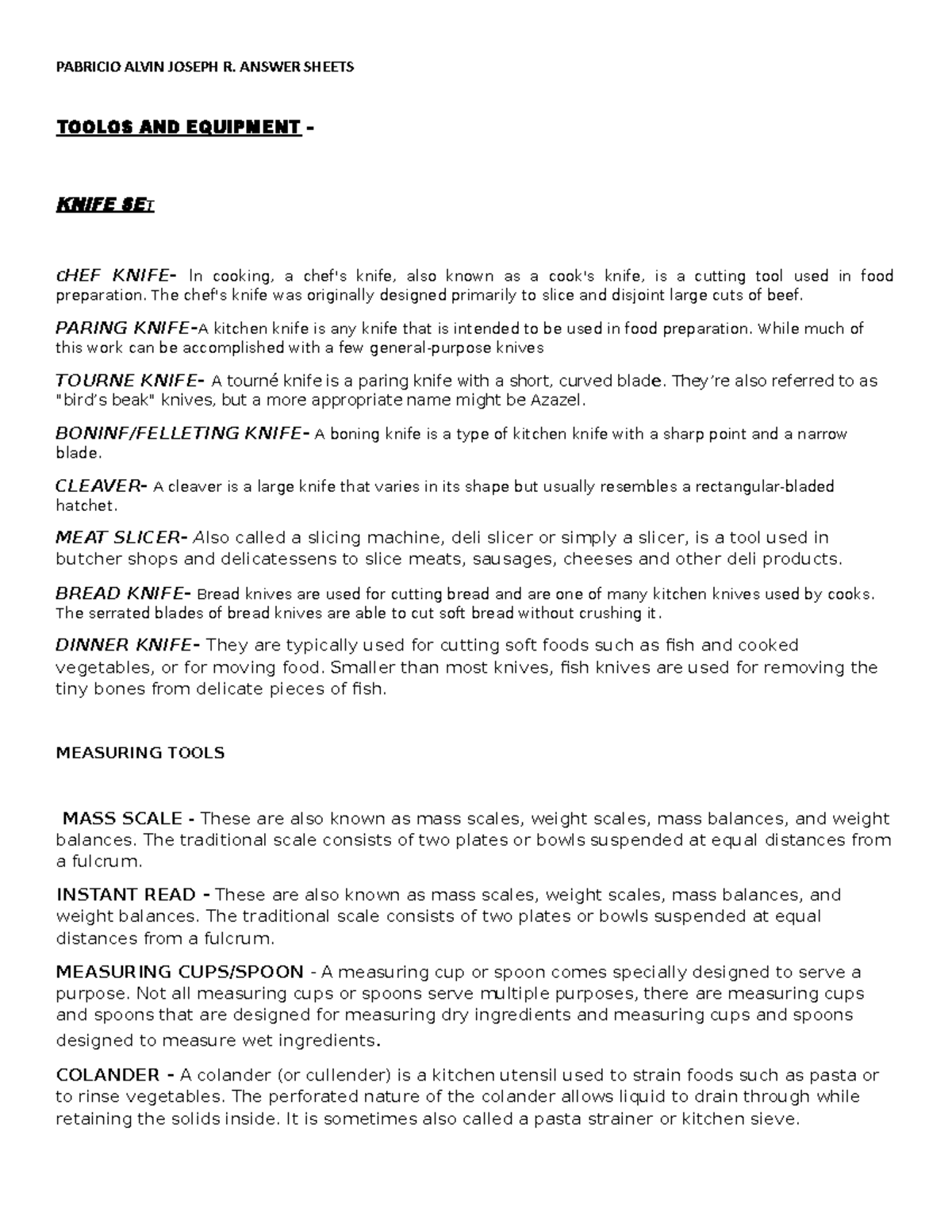 Lesson 1-2 Introduction OF Cookery Kitchen Tools AND Equipment ...