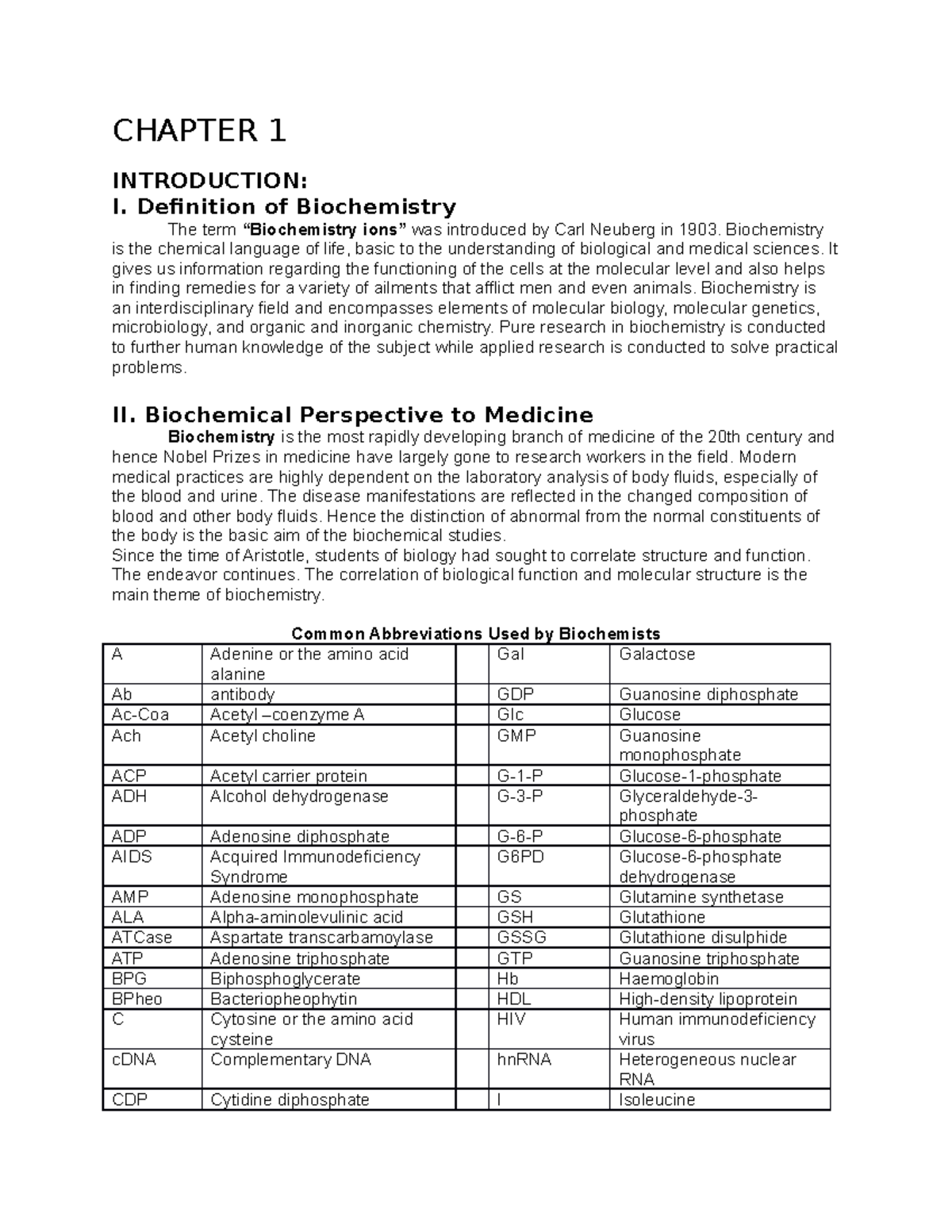 Biochem LEC Reviewer - none - CHAPTER 1 INTRODUCTION: I. Definition of ...