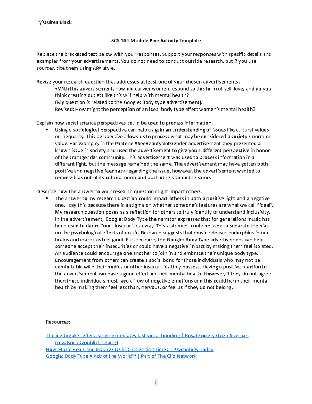 SCS 100 Module Five Activity Template - Ty’Quirea Black SCS 100 Module Five Activity Template ...